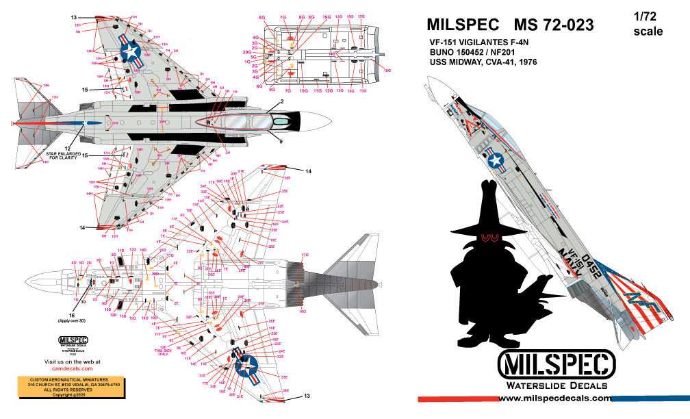 MILSPEC DECAL, MS 72-023, 1/72 SCALE, VF-151 VIGILANTESF-4N PHANTOM ...